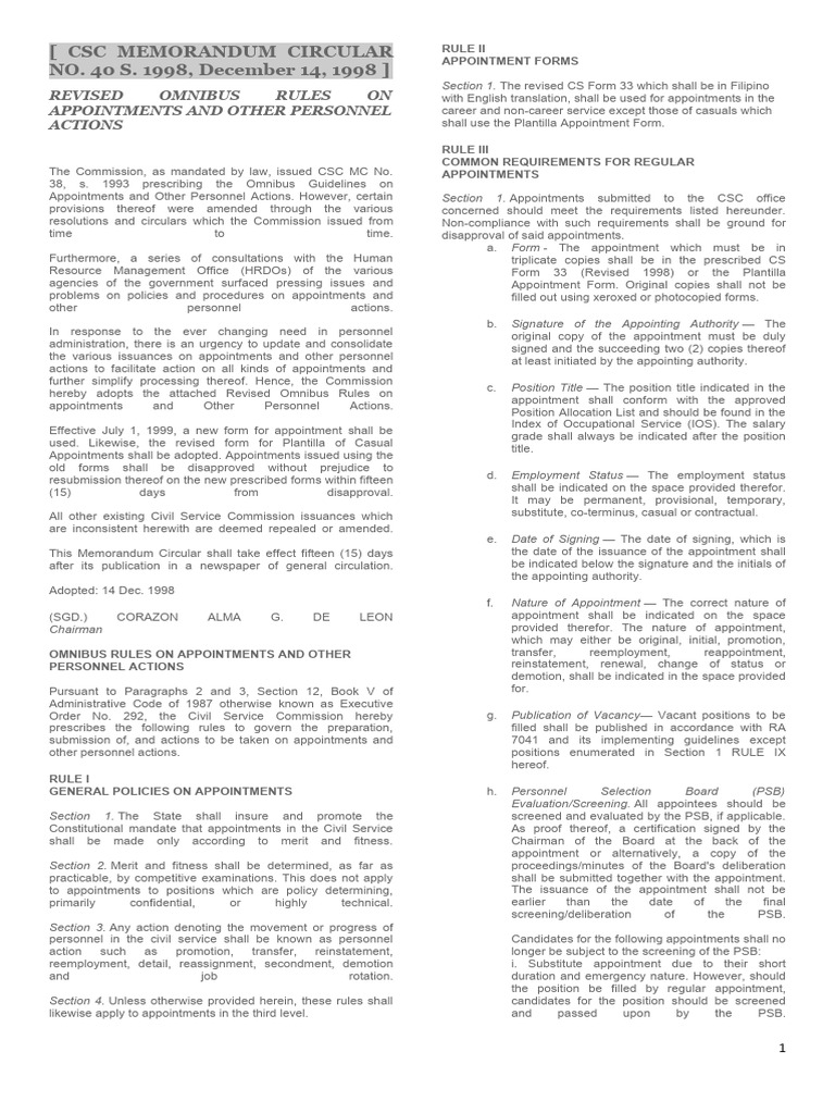 CSC MEMORANDUM CIRCULAR NO 40 S. 1998, December 14, 1998 REVISED ...