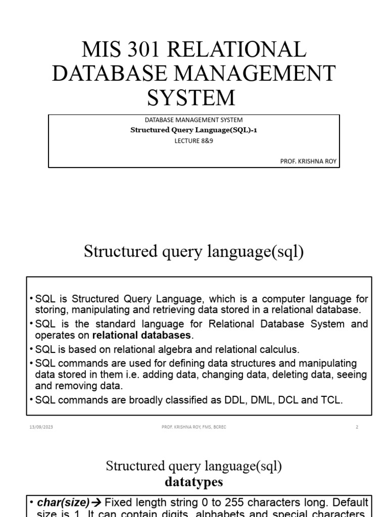 Mis 301 Relational Database Management System 8&9 | PDF | Sql | String (Computer Science)