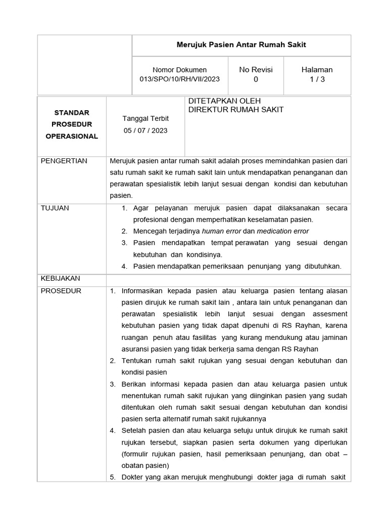 DRAFT - SPO Merujuk Pasien Antar Rumah Sakit | PDF