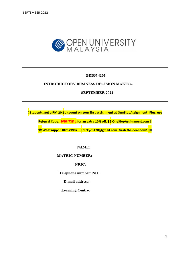 BDDN 4103 Introductory Business Decision Making 9 | PDF | Risk | Decision Making