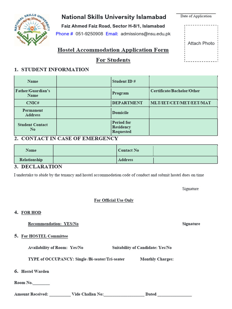 NSU Hostel Accommodation Application Form | PDF