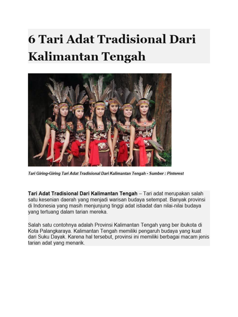 6 Tari Adat Tradisional Dari Kalimantan Tengah | PDF | Agama ...