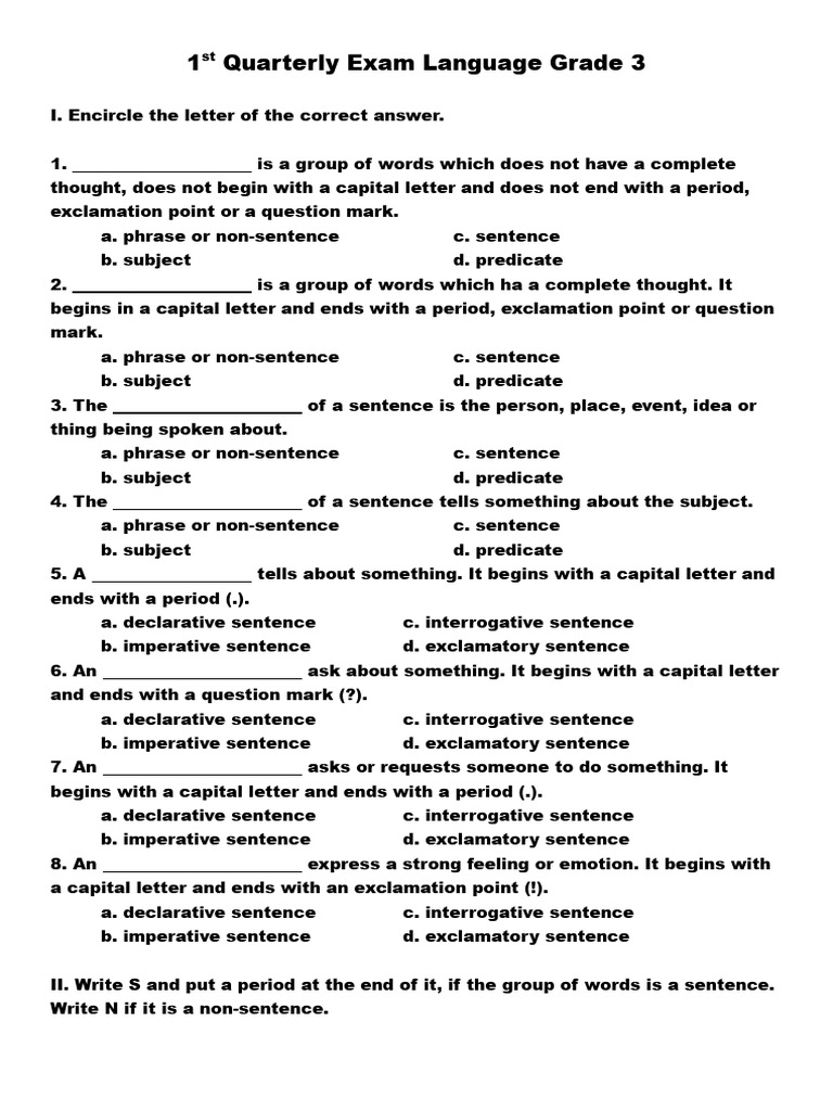 1st Quarterly Language Grade 3 | PDF | Sentence (Linguistics) | Question