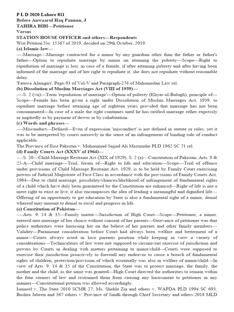 P L D 2020 Lahore 811 | PDF | Marriage | Woman