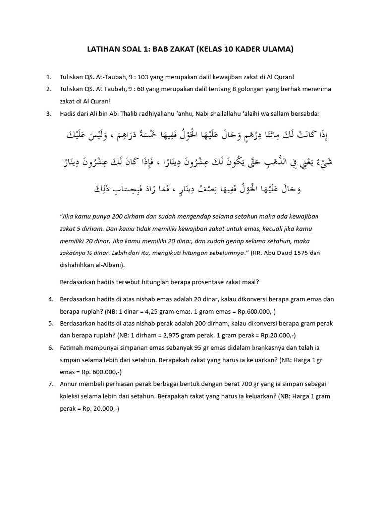Latihan Soal 1 Bab Zakat Kelas 10ku (Edit) | PDF