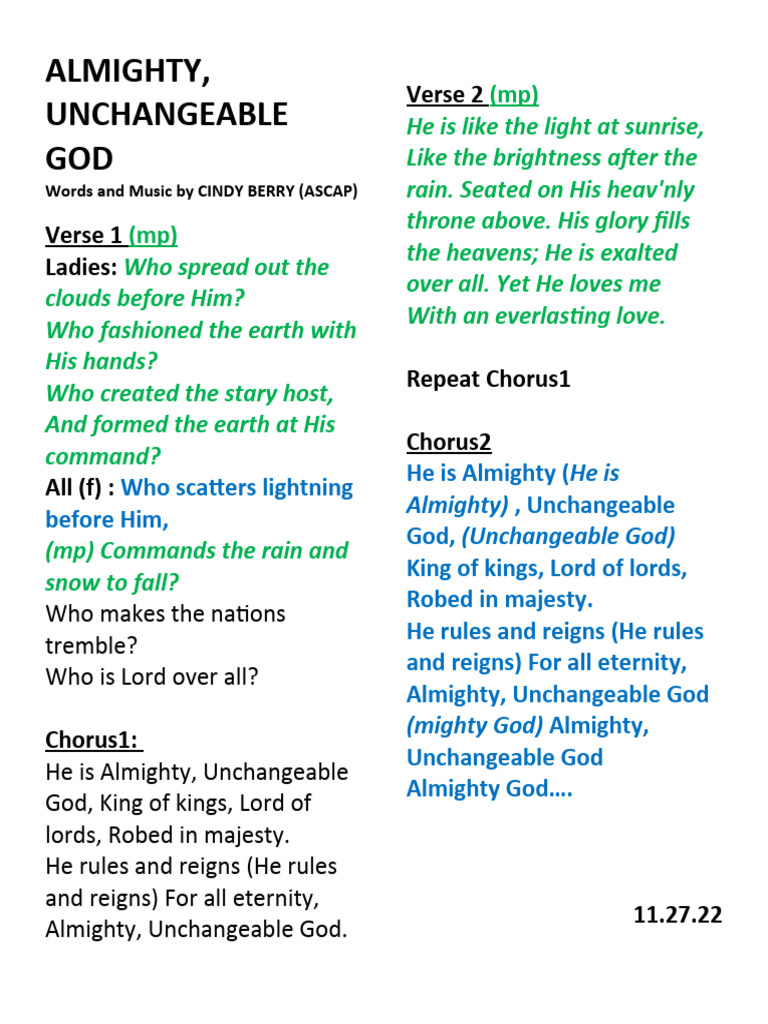 Almighty Unchangeable God Lyrics | PDF