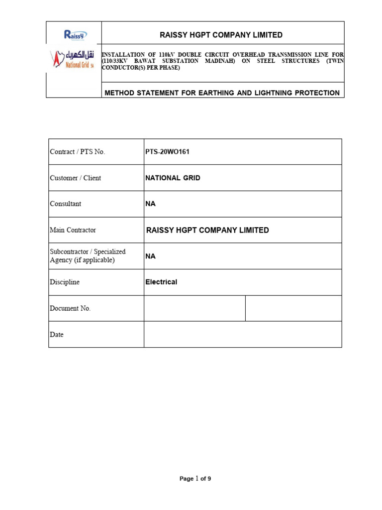 Method Statement - Earthing & Lightning Protection | PDF | Electrical ...