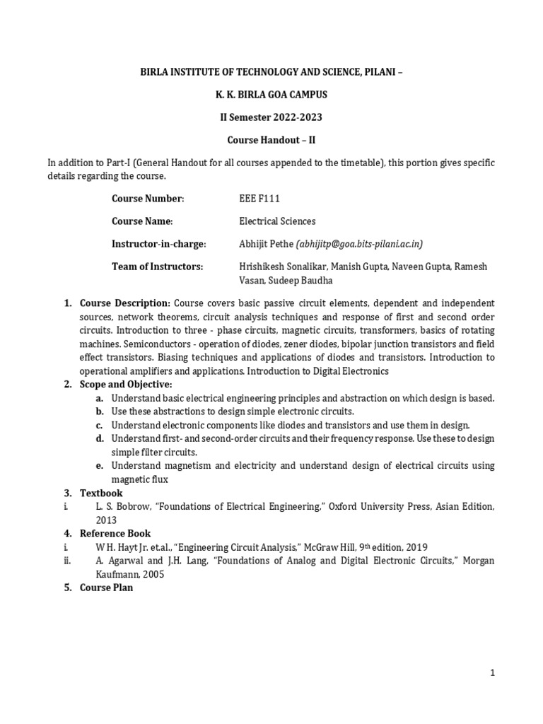 Handout | PDF | Electrical Network | Electronic Circuits