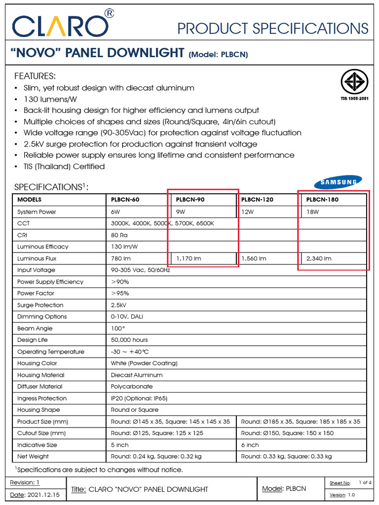 CLARO NOVO Panel Downlight Specs | PDF | Power Supply | Electrical ...