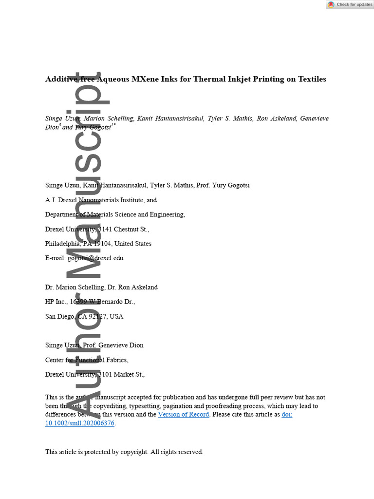 Additive-Free Aqueous MXene Inks For Thermal Inkjet Printing On ... Additive-Free Aqueous MXene Inks For Thermal Inkjet Printing On ...