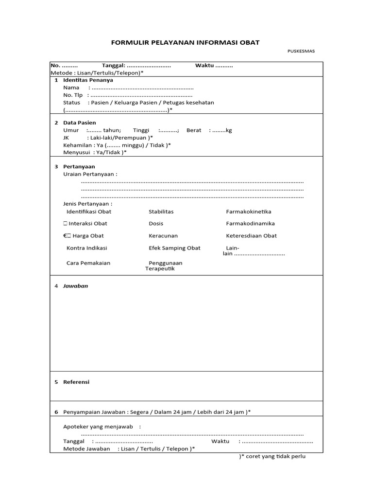 Formulir Pelayanan Informasi Obat Puskesmas | PDF