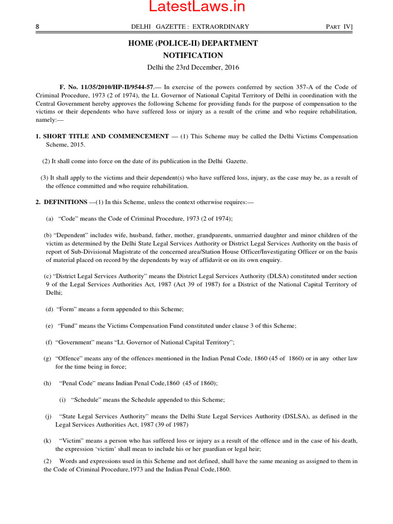 Delhi Victim Compensation Scheme 2015 | PDF | Crimes | Crime & Violence