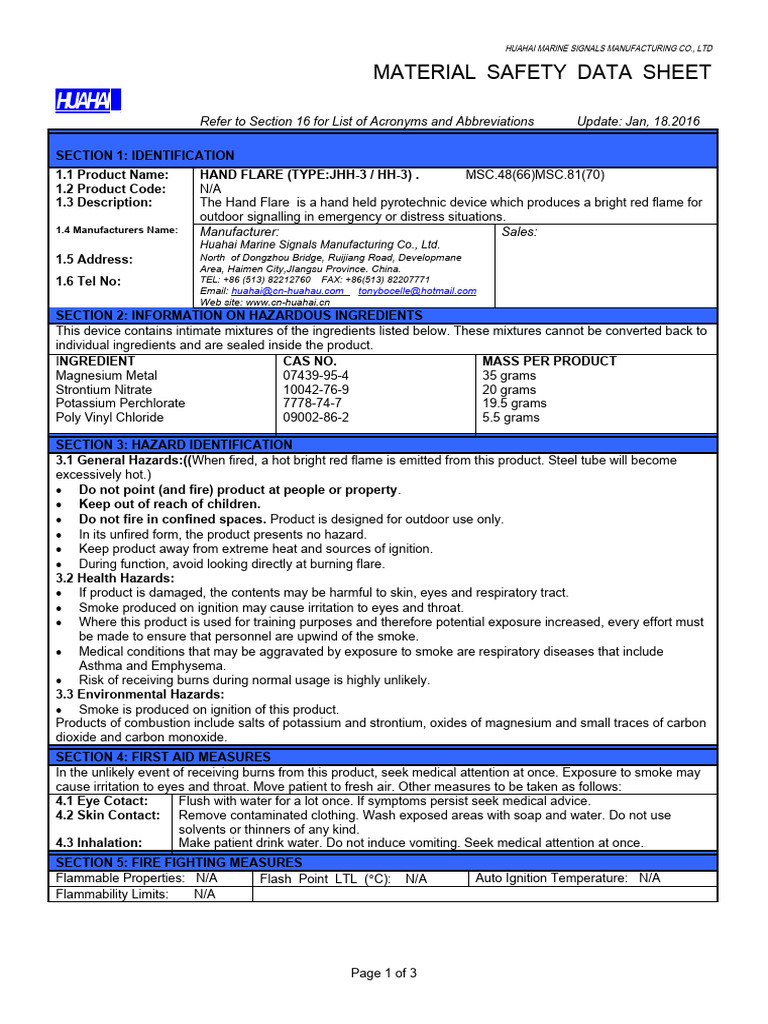 Huahai Hand Flare Safety Data Sheet | PDF | Smoke | Combustion
