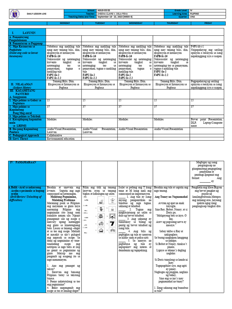 DLL Fil4 Q1 W4 | PDF