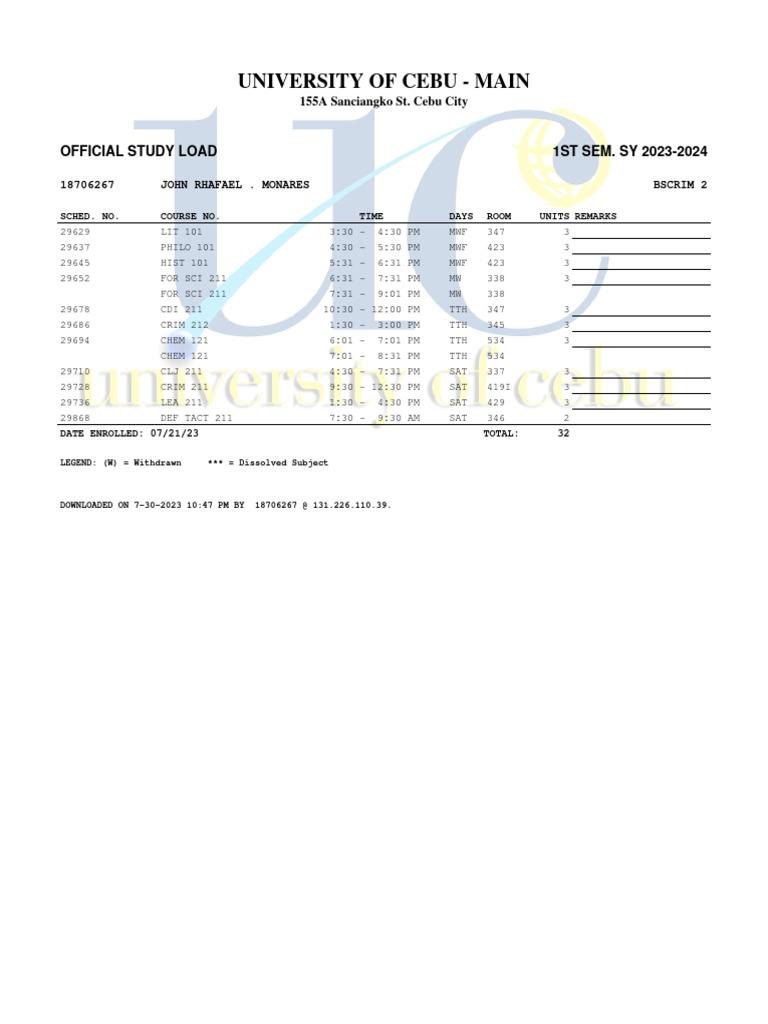 University of Cebu - Main: Official Study Load 1ST SEM. SY 2023-2024 | PDF