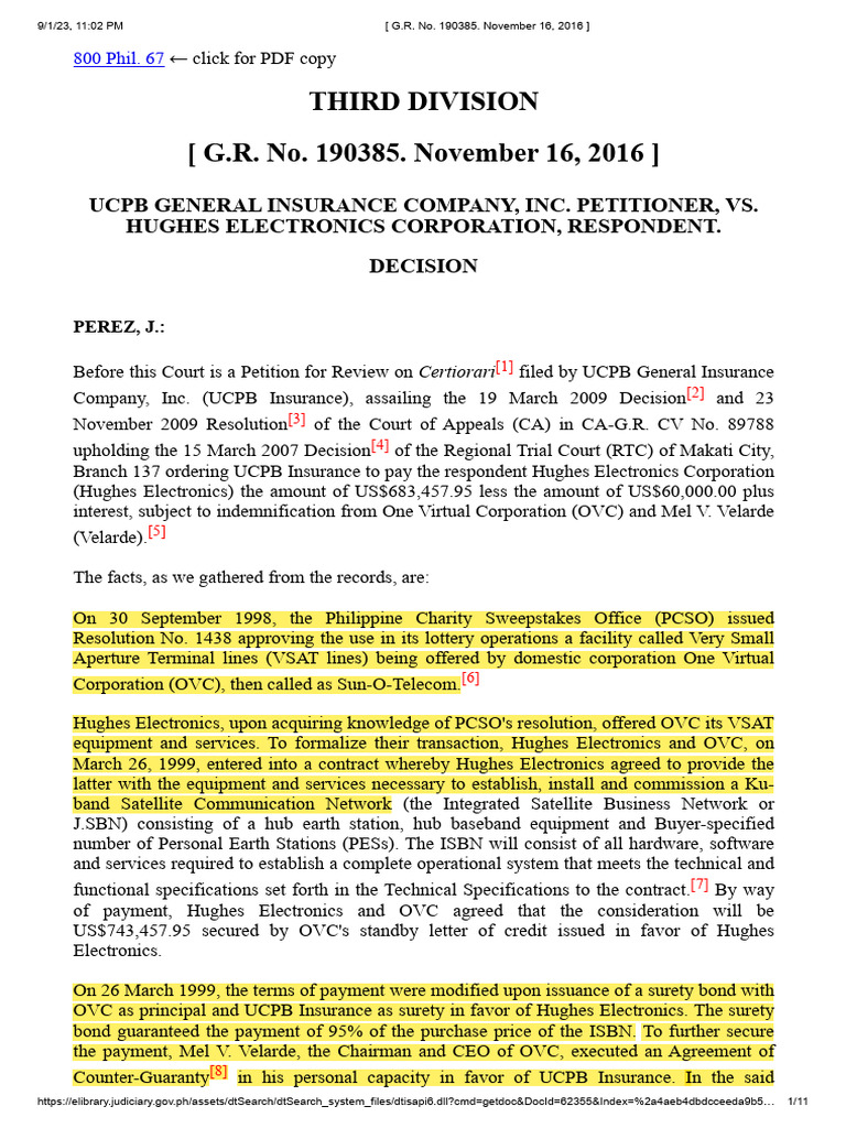 Hughes Electronics vs. UCPB Insurance Case | PDF | Arbitration | Surety