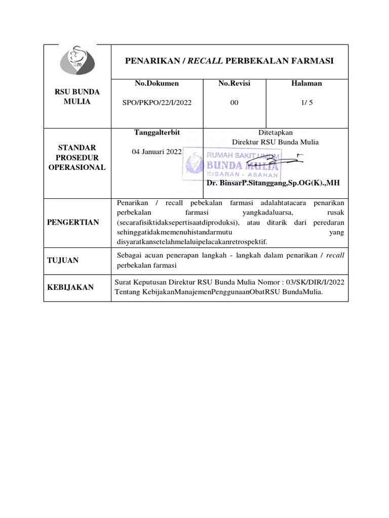 Prosedur Recall Farmasi RSU Bunda | PDF