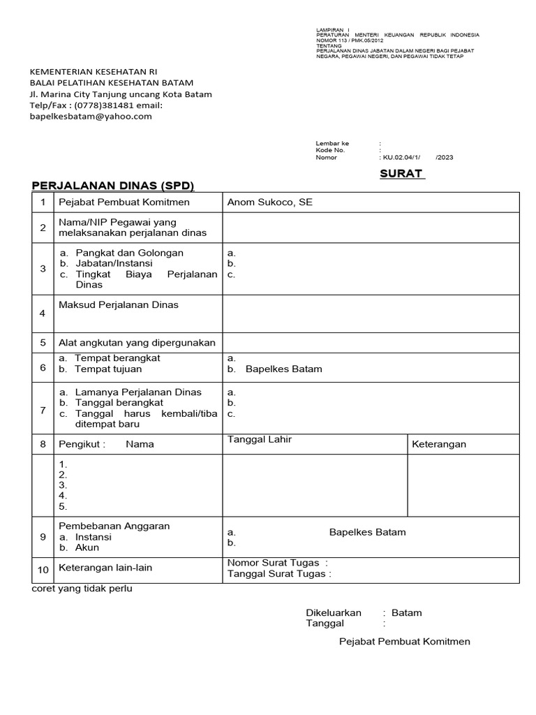 Format SPPD Bapelkes Batam | PDF