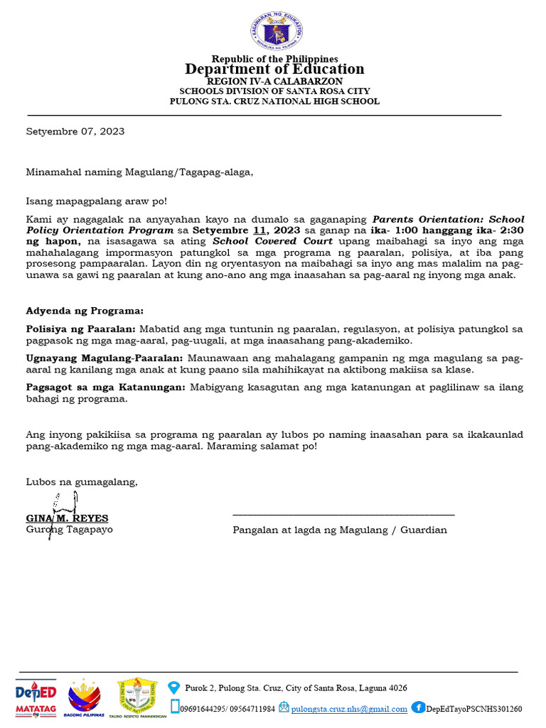 Letter Parents Orientation | PDF