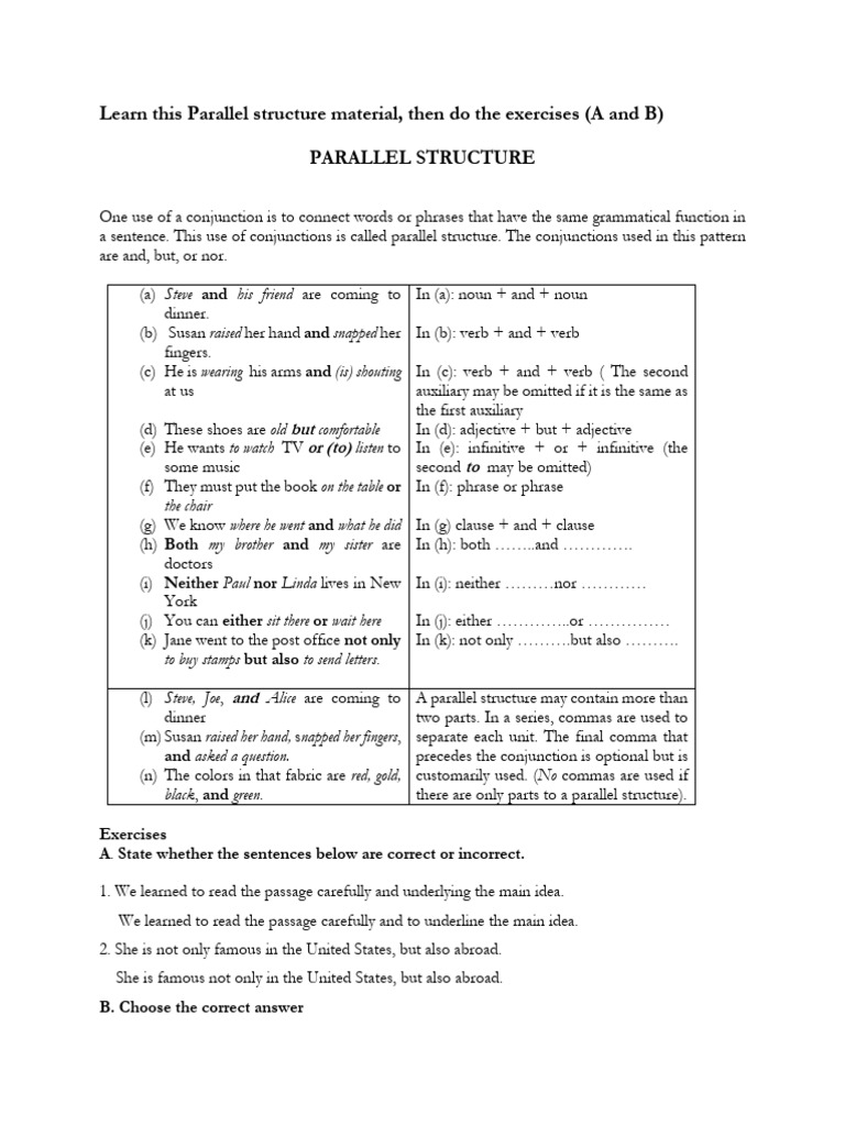 Parallel Structure (Exercise A and B) | PDF | Verb | Phrase