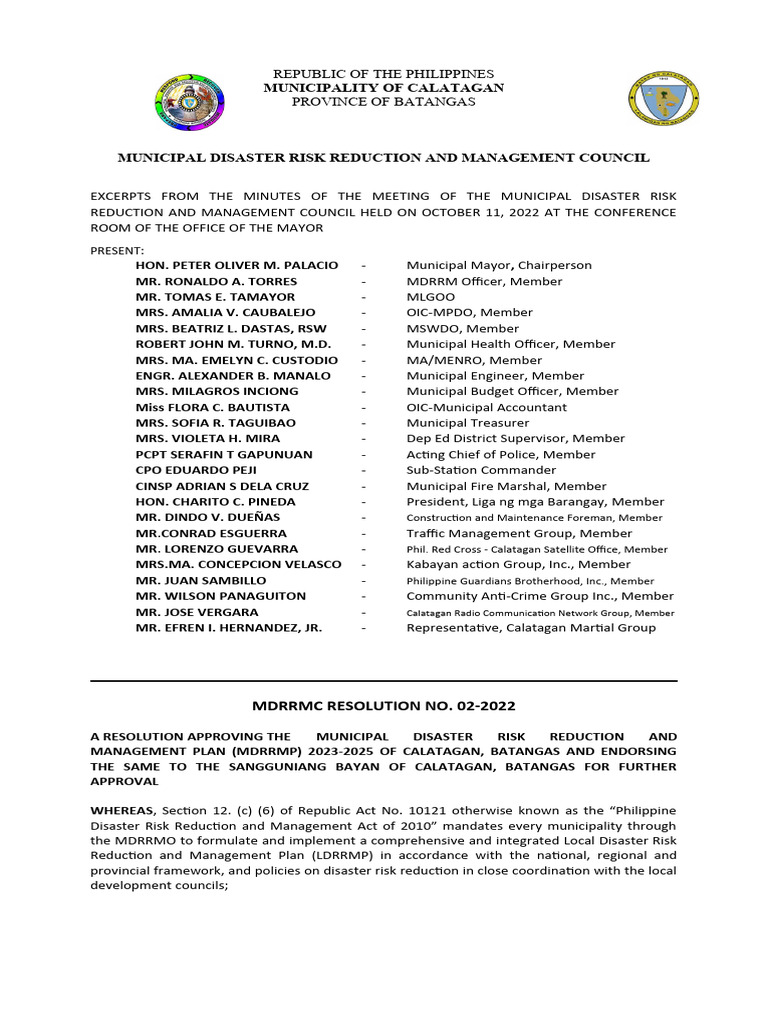 MDRRMC Resolution 2022 | PDF | Disaster Risk Reduction | Risk