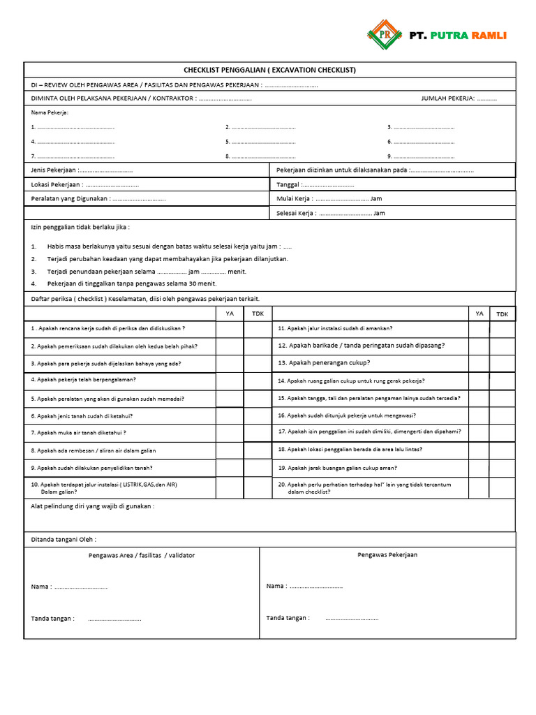 Checklist Penggalian (Excavation Checklis) Fix | PDF