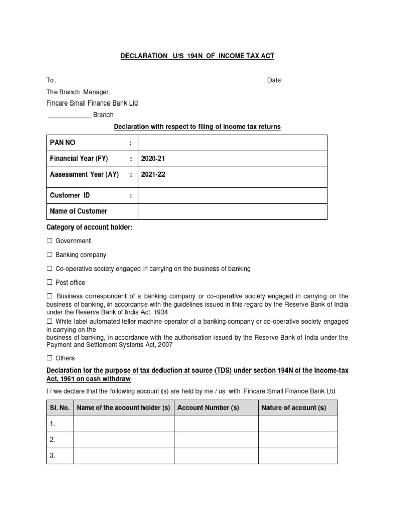 194N Declaration Form | PDF | Banks | Taxes