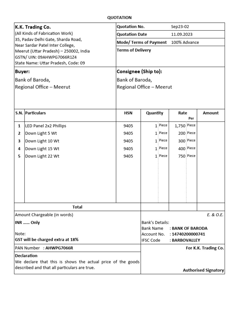 Quotation - Bank of Baroda | PDF