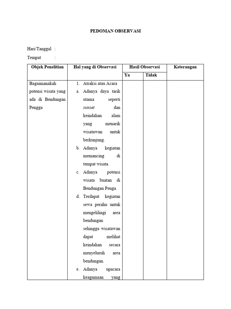 Pedoman Observasi Potensi Wisata Bendungan | PDF