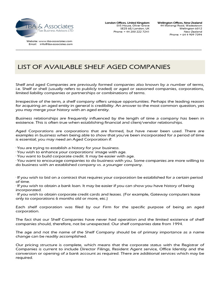 List of Available Shelf Aged Companies | PDF | Limited Liability ...