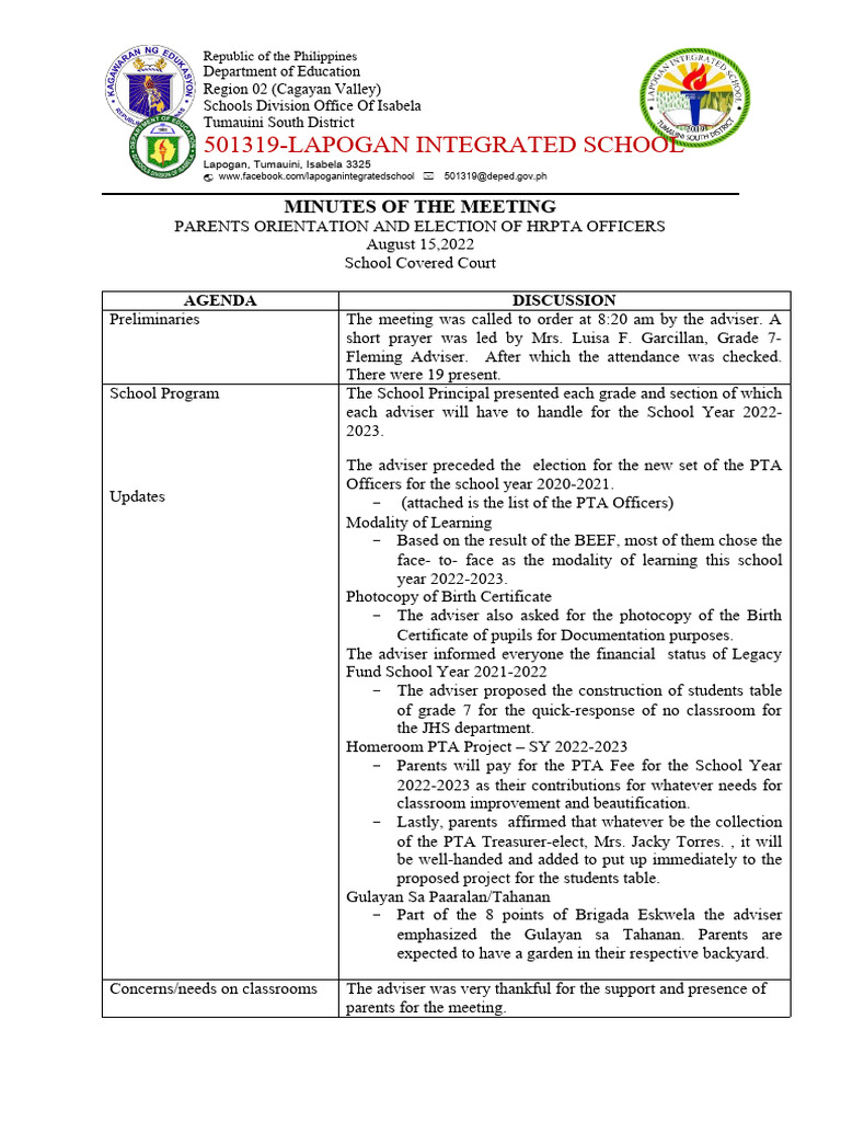 Minutes of Parents Orientation Meeting | PDF