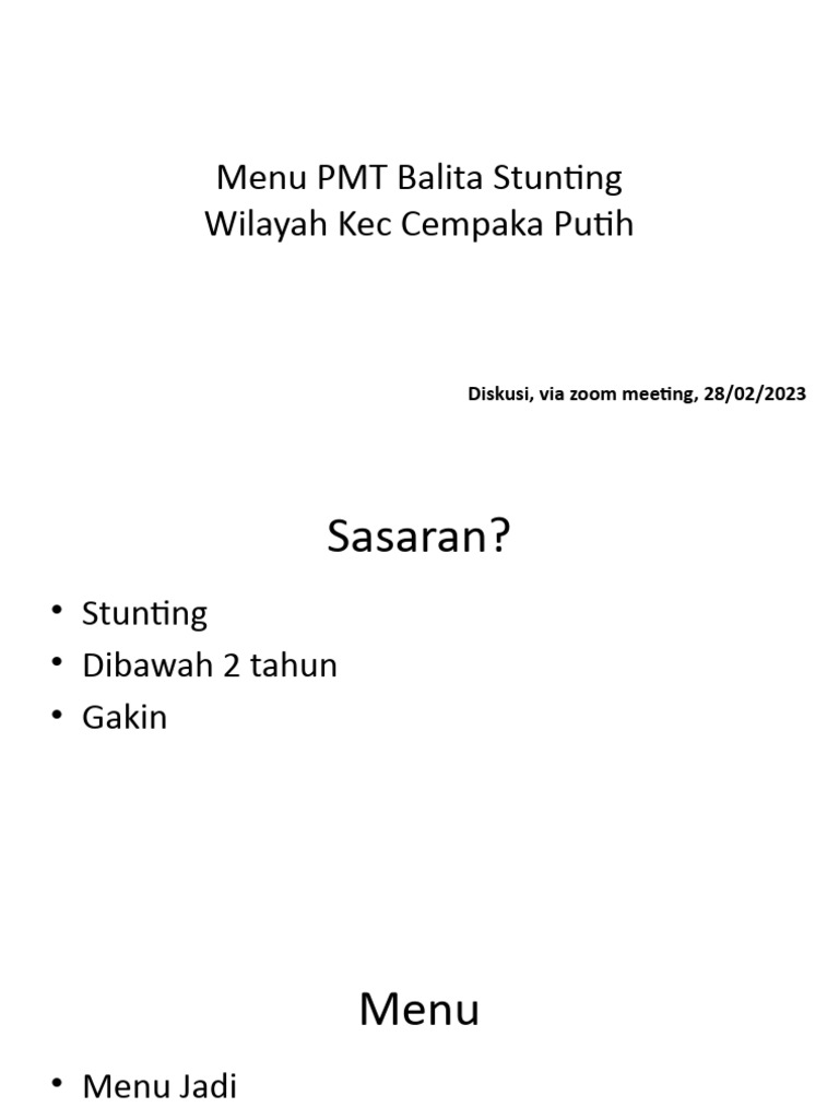 Menu PMT Balita Stunting - Kec Cempaka Putih | PDF | Memasak, Makanan ...
