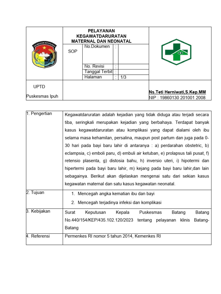 Sop Pelayanan Kegawatdaruratan Maternal Dan Neonatal - Compress | PDF ...