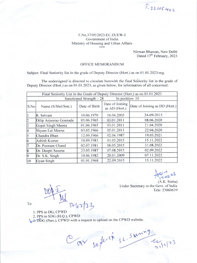 DD Seniority List | PDF | Government Of India | Public Administration