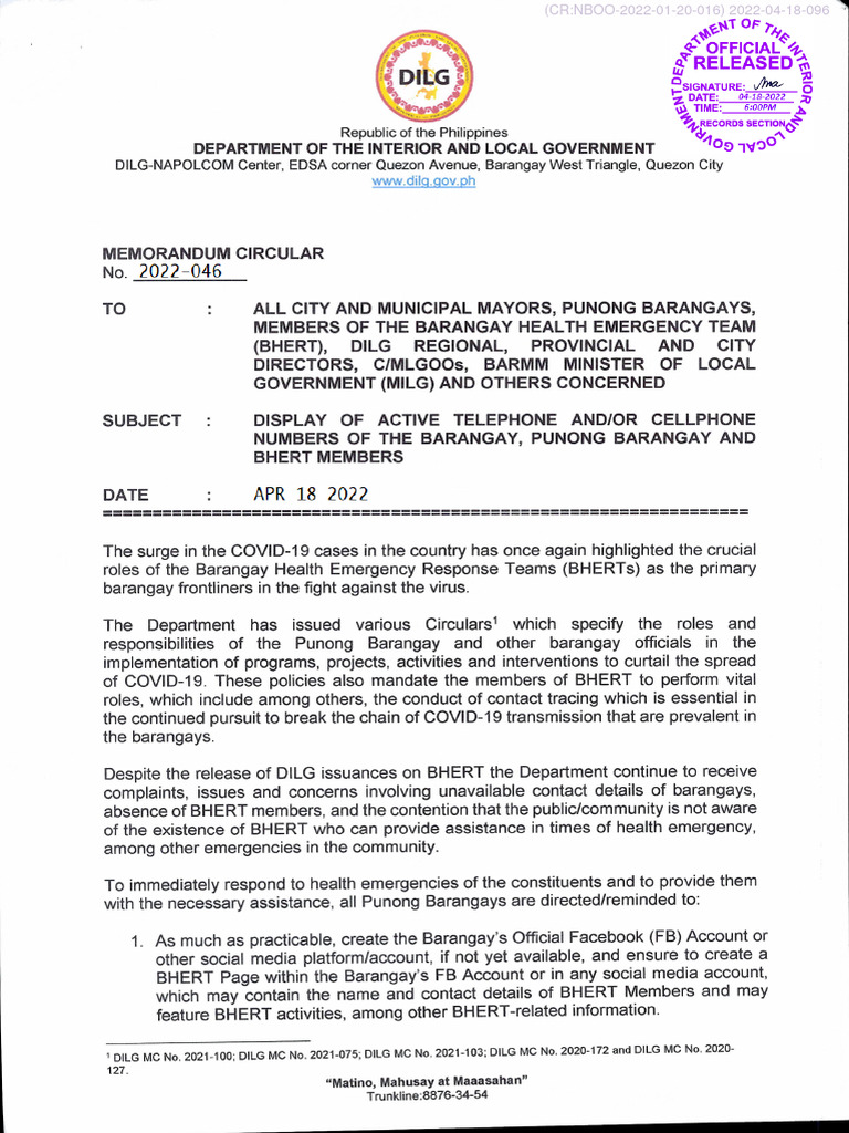 MC 2022-046 - BHERTS Display of Contact Numbers | PDF