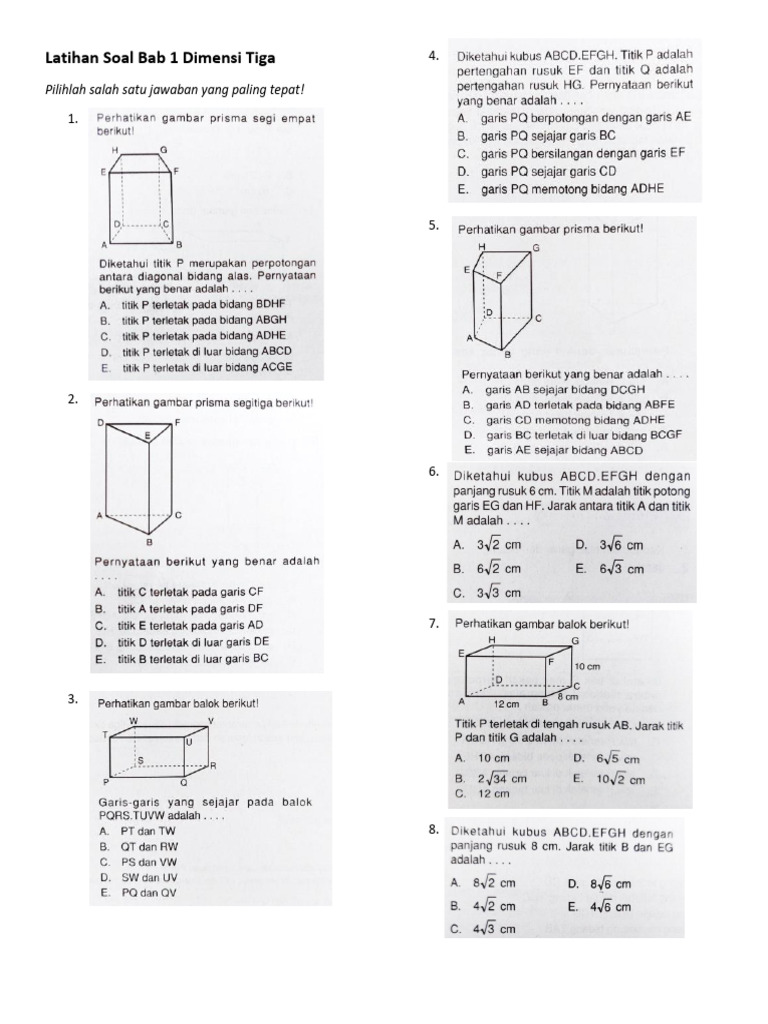 Latihan Soal Bab 1 Dimensi Tiga | PDF