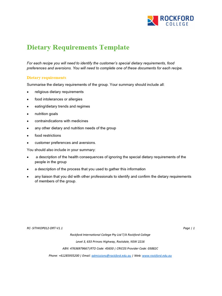 Dietary Requirements Summary Template | PDF | Cooking | Chickpea