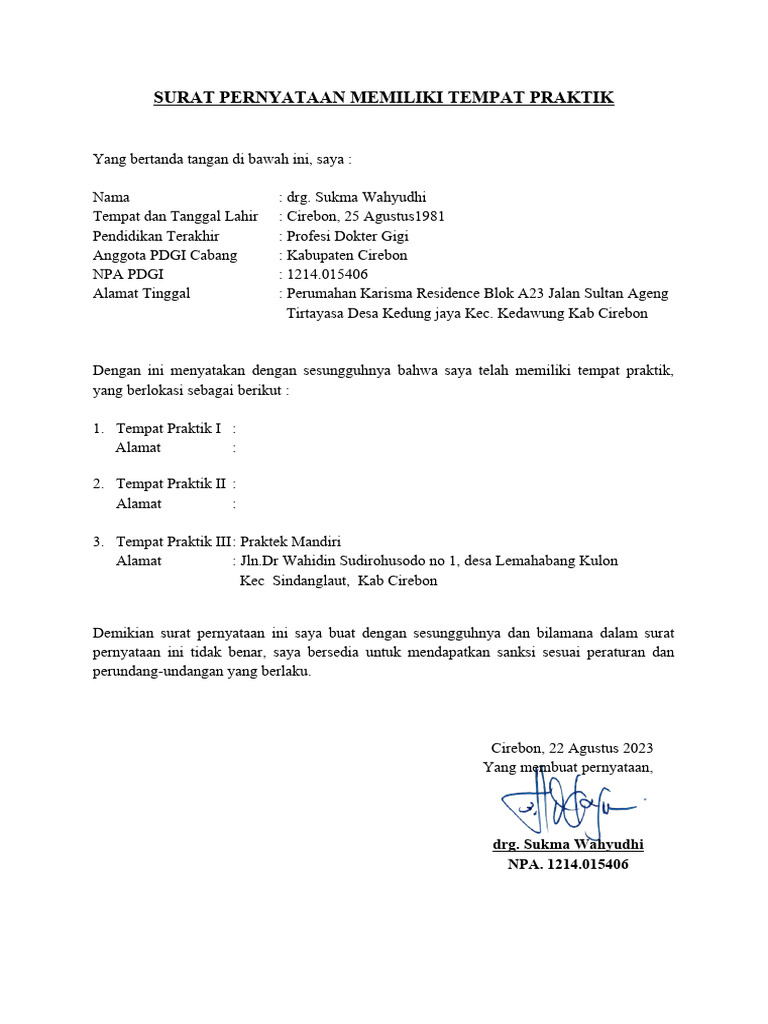 Surat Pernyataan Tempat Praktik Dokter | PDF | Sains & Matematika