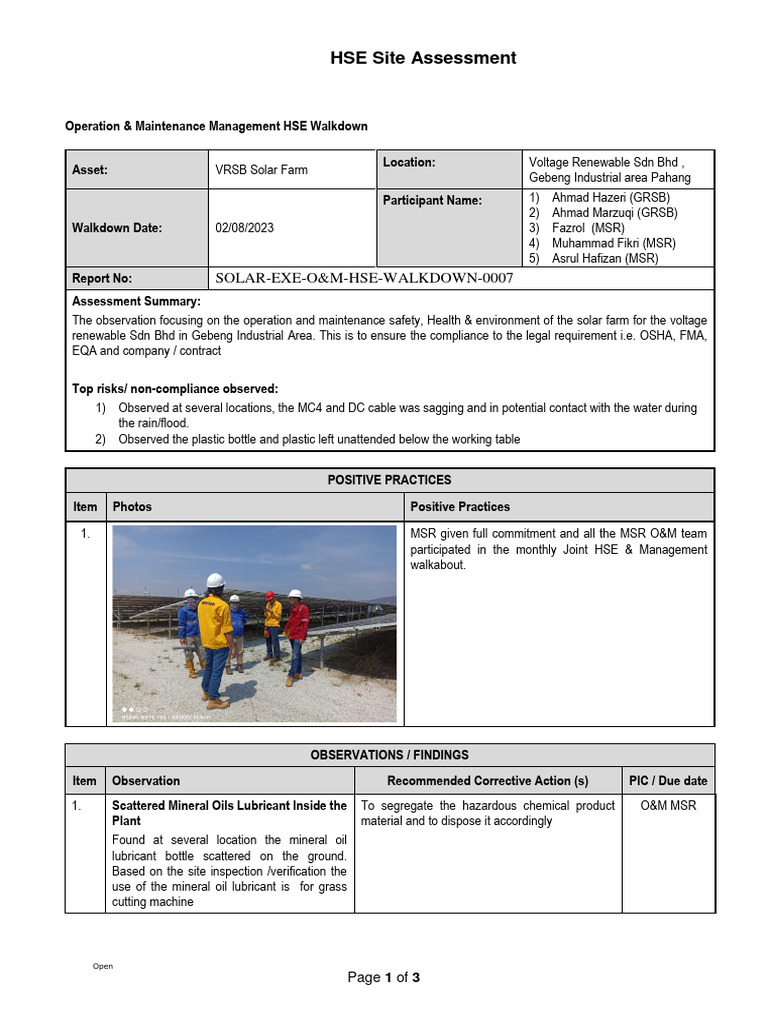 VRSB - HSE Walkdown Report - 020872023 | PDF | Safety