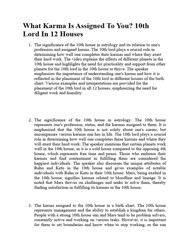 10th Lord in 12 Houses: Karma Guide | PDF | Planets In Astrology | Planets