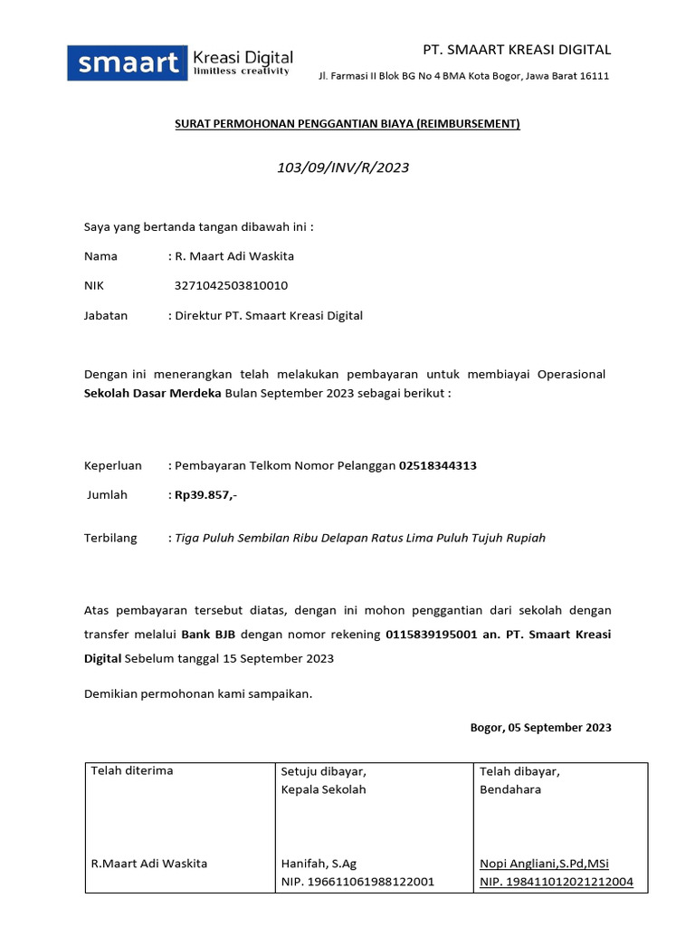 Permohonan Reimbursement Biaya SD Merdeka | PDF