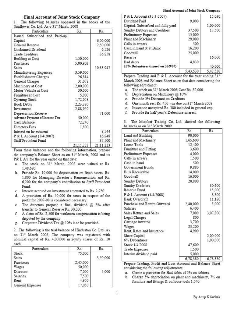 Final Account of Joint Stock Company | PDF | Dividend | Expense