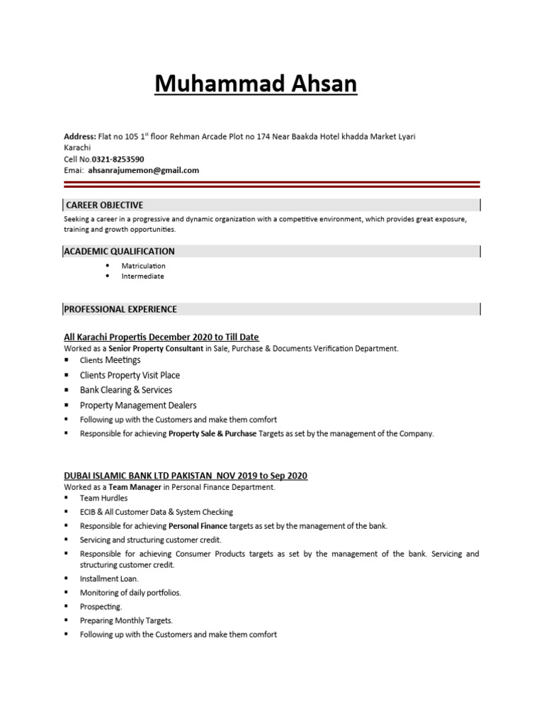 Resume Muhammad Ahsan | PDF | Credit | Finance & Money Management