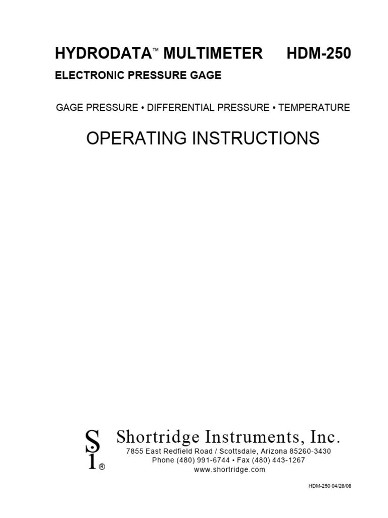 HDM-250 Manual - 042808 | PDF | Rechargeable Battery | Pressure Measurement