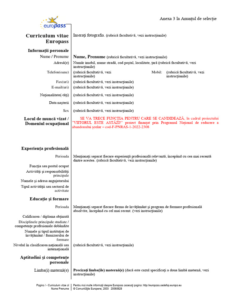 CV Format Europass Anexa 3 | PDF