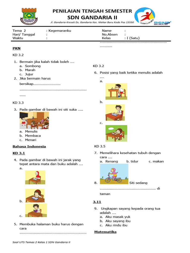 Soal Uts Tema 2 Kls 1 | PDF