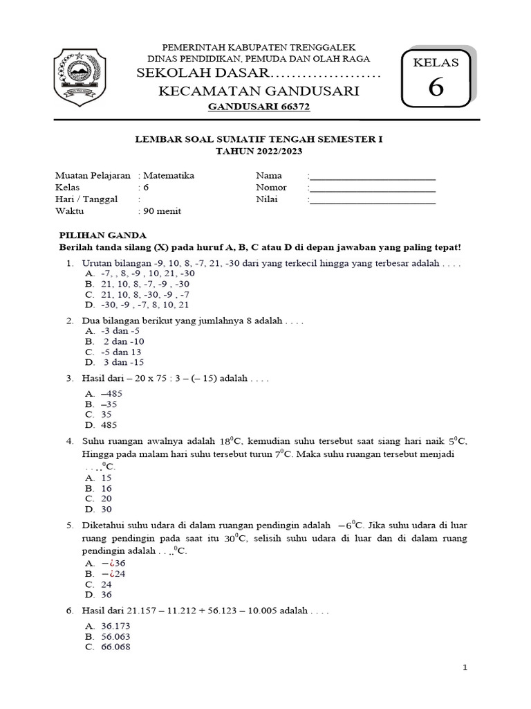 Soal MTK PTS Kelas 6 Semester 1 | PDF