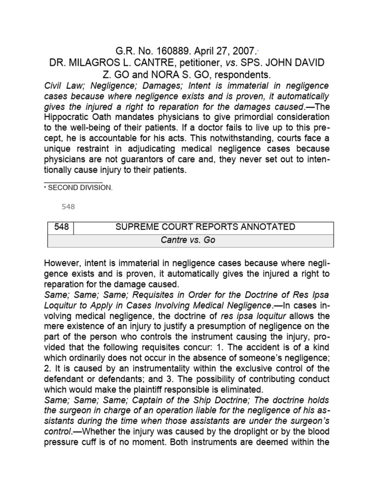 G.R. No. 160889. April 27, 2007. Dr. Milagros L. Cantre, Petitioner, vs. Sps. John David Z. GO ...