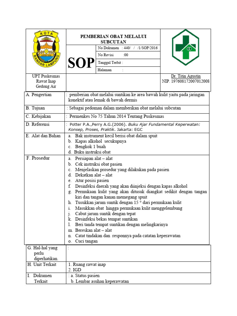 Sop Pemberian Obat Melalui Subcutan | PDF
