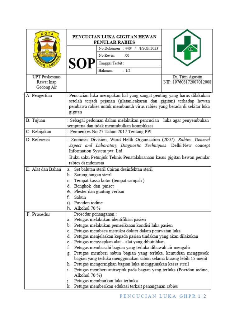 Sop Pencucian Luka Gigitan Hewan Penular Rabies | PDF